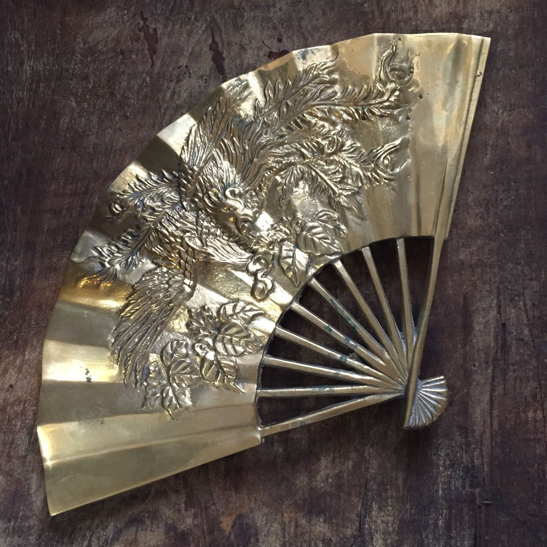 Vintage Enesco Brass Oriental Style Hand Fan With Dragon or Phoenix - Etsy
