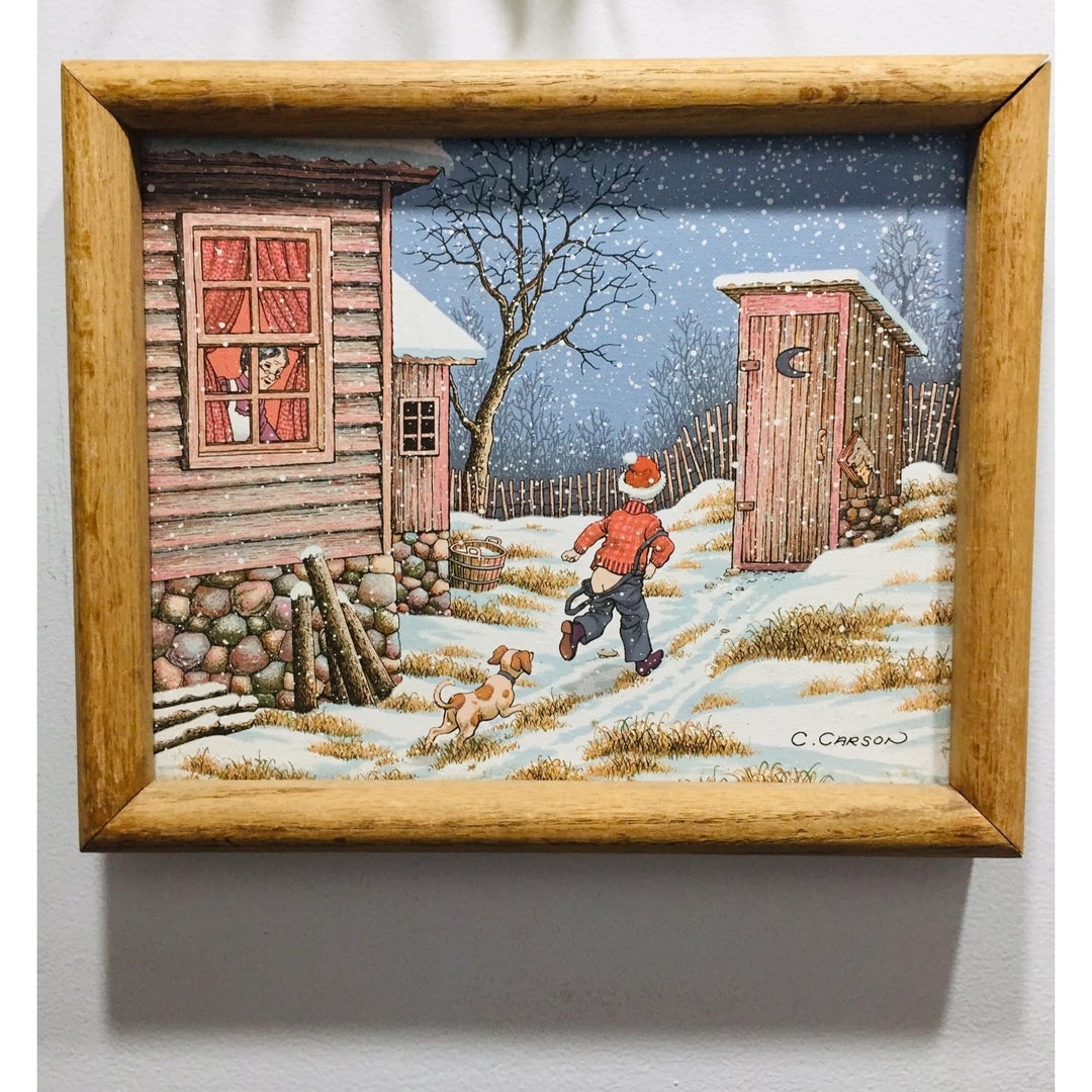 Framed Oil Painting Signed C. Carson Outhouse Boy Running - Etsy