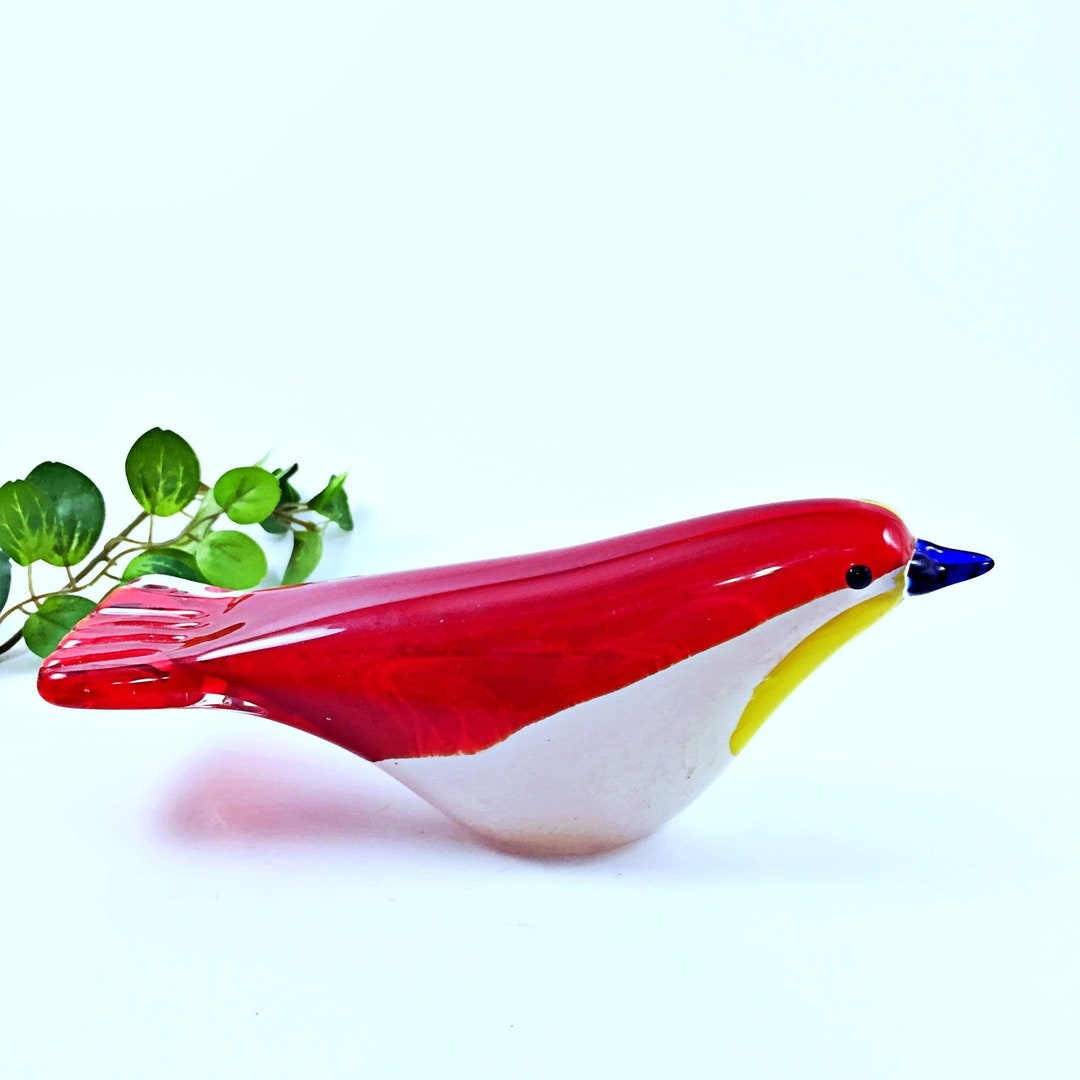 Art Glass Red Bird Figurine Paperweight Blue Beak Yellow White - Etsy
