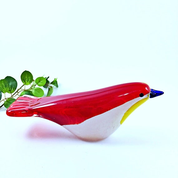Art Glass Red Bird Figurine Paperweight Blue Beak Yellow White - Etsy