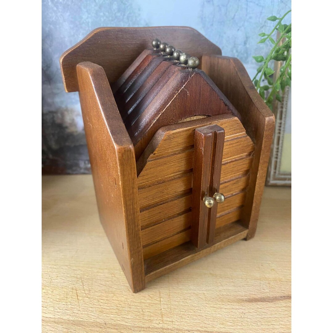 Vintage Wooden Coaster Set With Holder - Rustic Decor & Cork Inserts - Etsy
