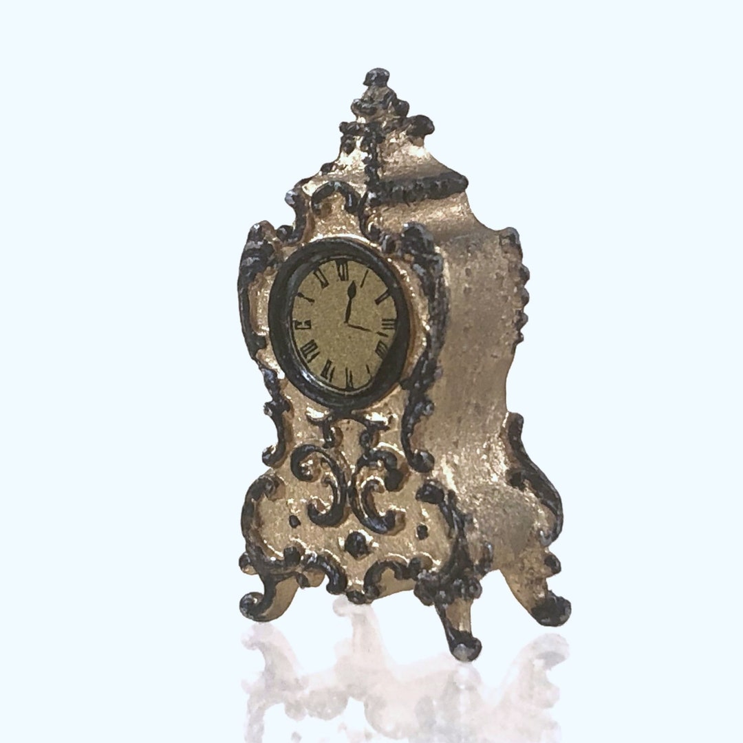 Heidi OTT Miniature Clock Gold and Black Dollhouse Vintage Swiss Metal ...