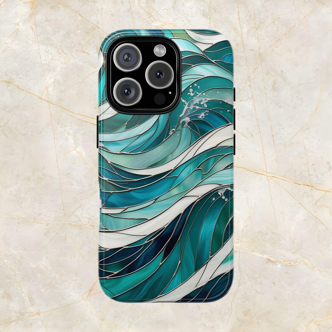 Ocean Waves Stained Glass Effect Phone Case for iPhone 16 Pro Plus 15 ...