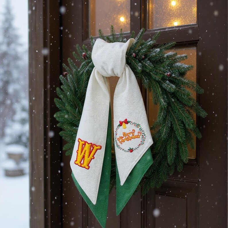 Embroidered Christmas Wreath Sash, Personalized Christmas Bow, Handmade ...