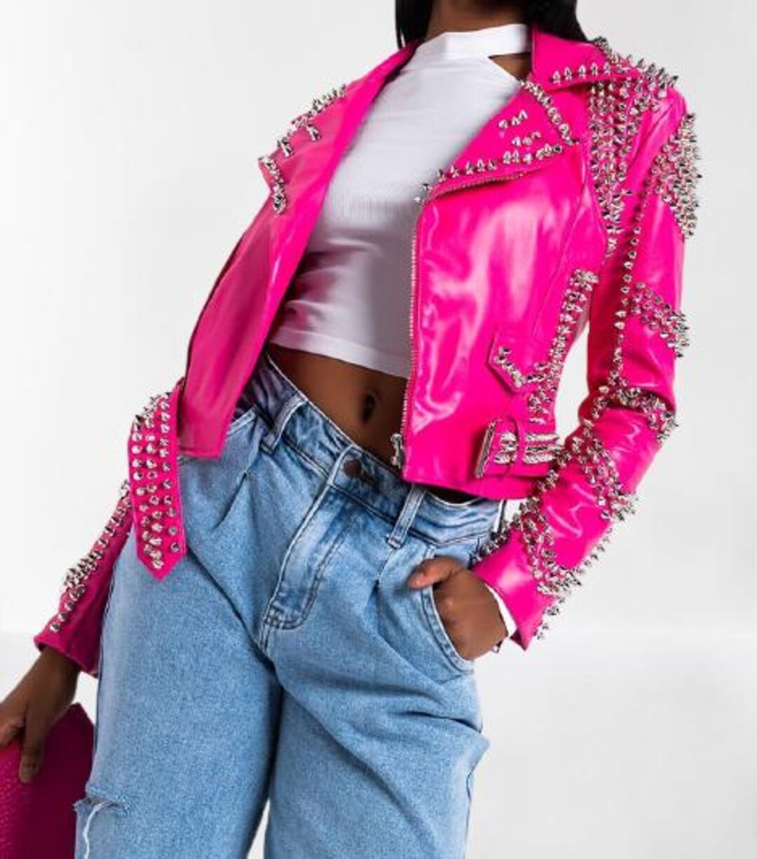 Women Retro Neon Pink Leather Studded Jacket, Fluorescent Pink Leather ...