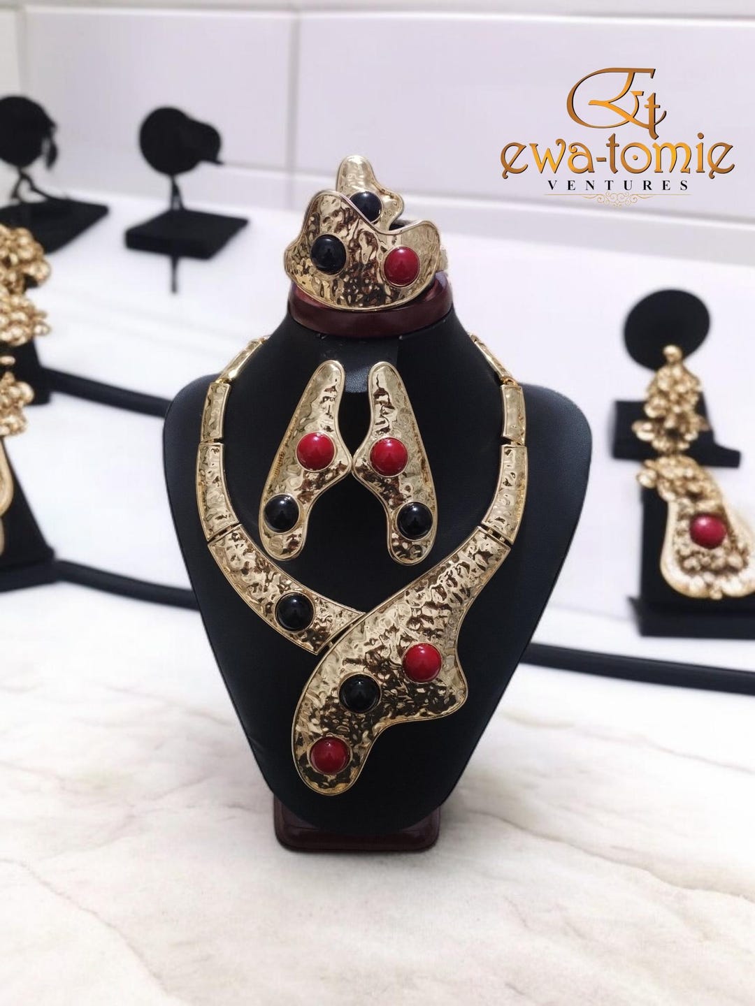 African Gold Jewelry Set With Black and Red Stones - Elegant Necklace ...