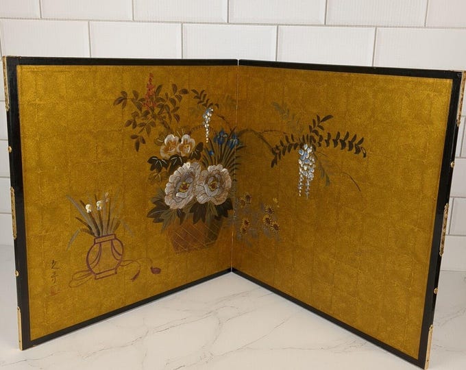 Vintage Japanese Byobu 2 Panel Painting Folding Silk Screen 30x15 ...