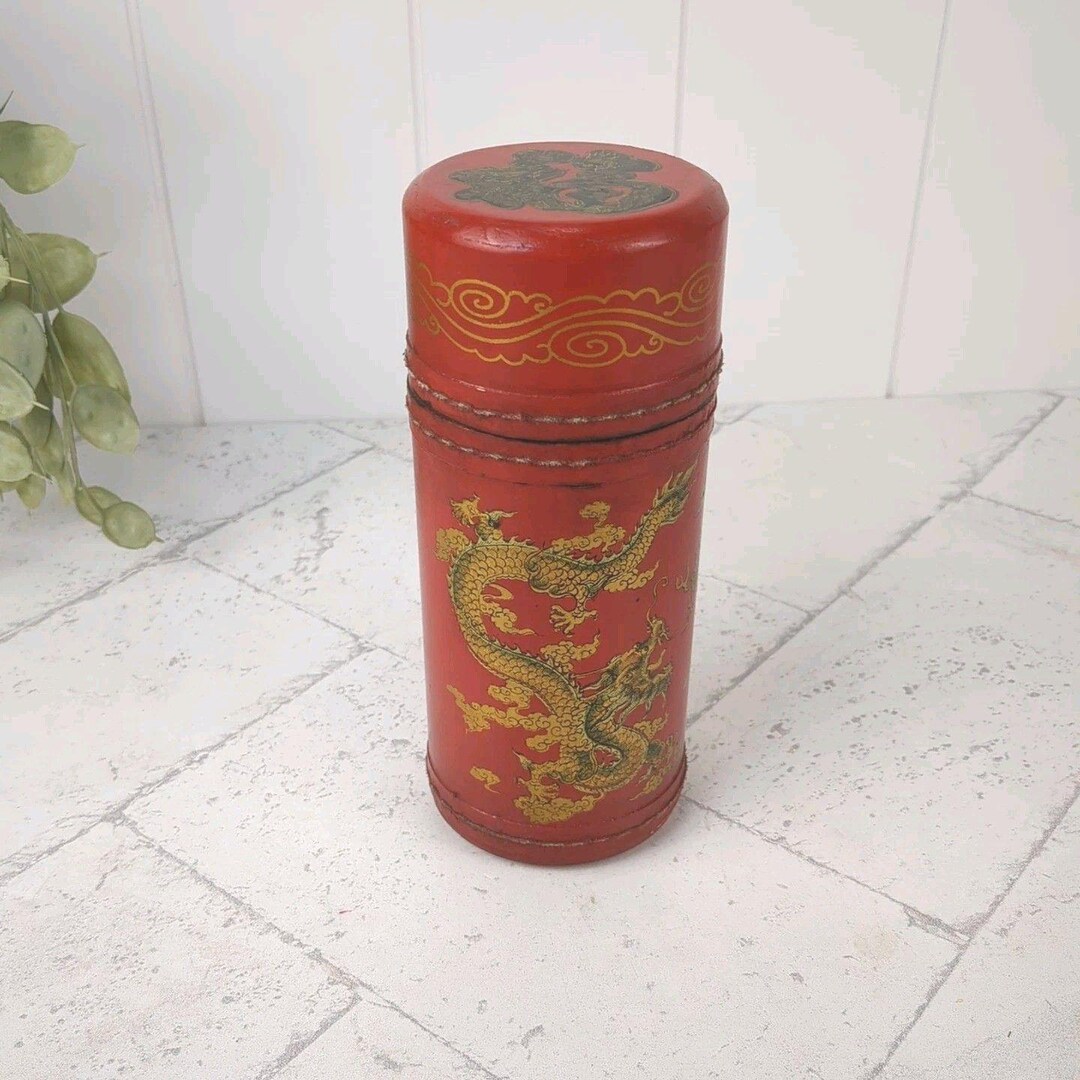 Vintage Chinese Fortune Telling Sticks Red Leather Cylindered Box 7.5 ...
