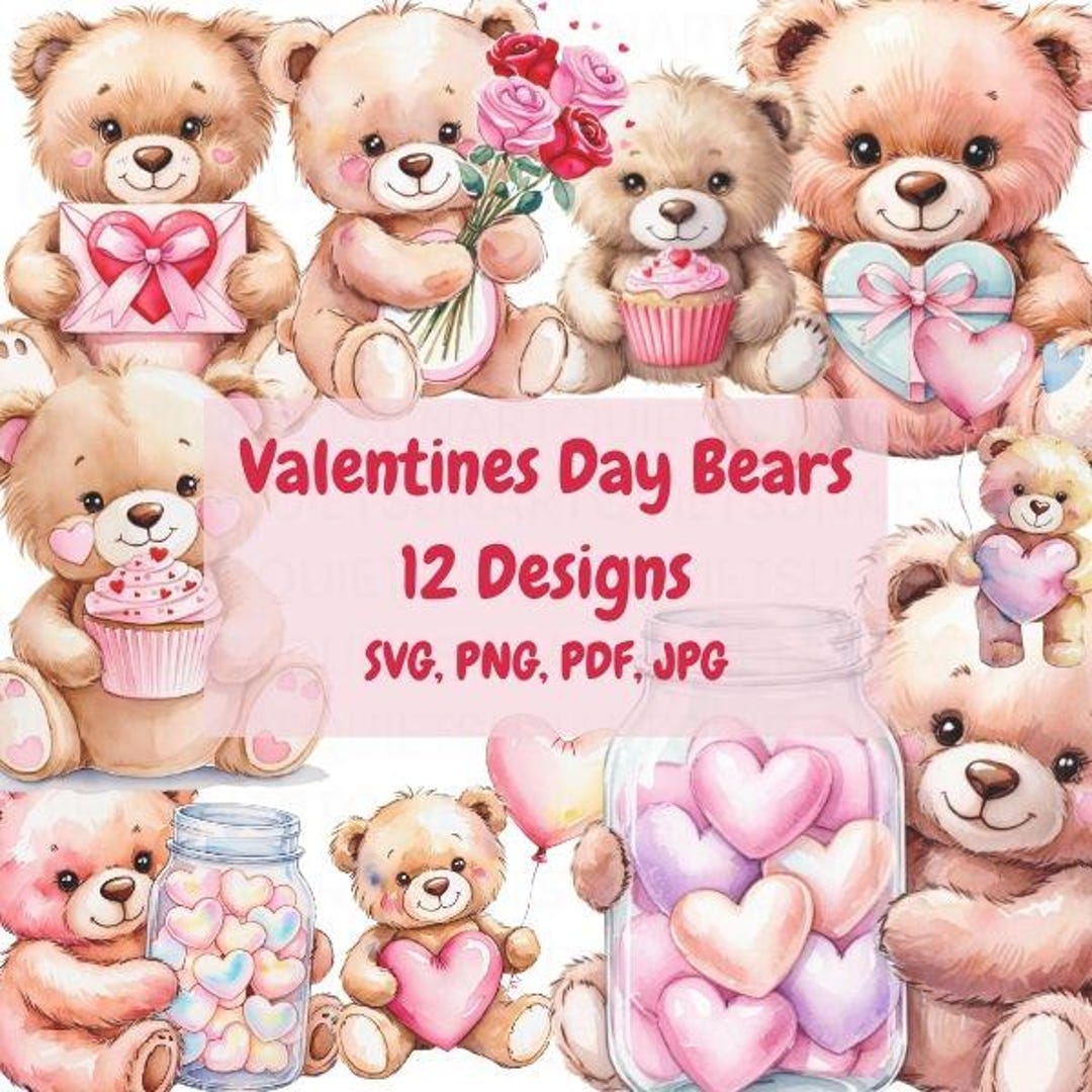 12 Valentines Day Bears Clipart Bundle - Cute Watercolor Bear PNG, SVG ...