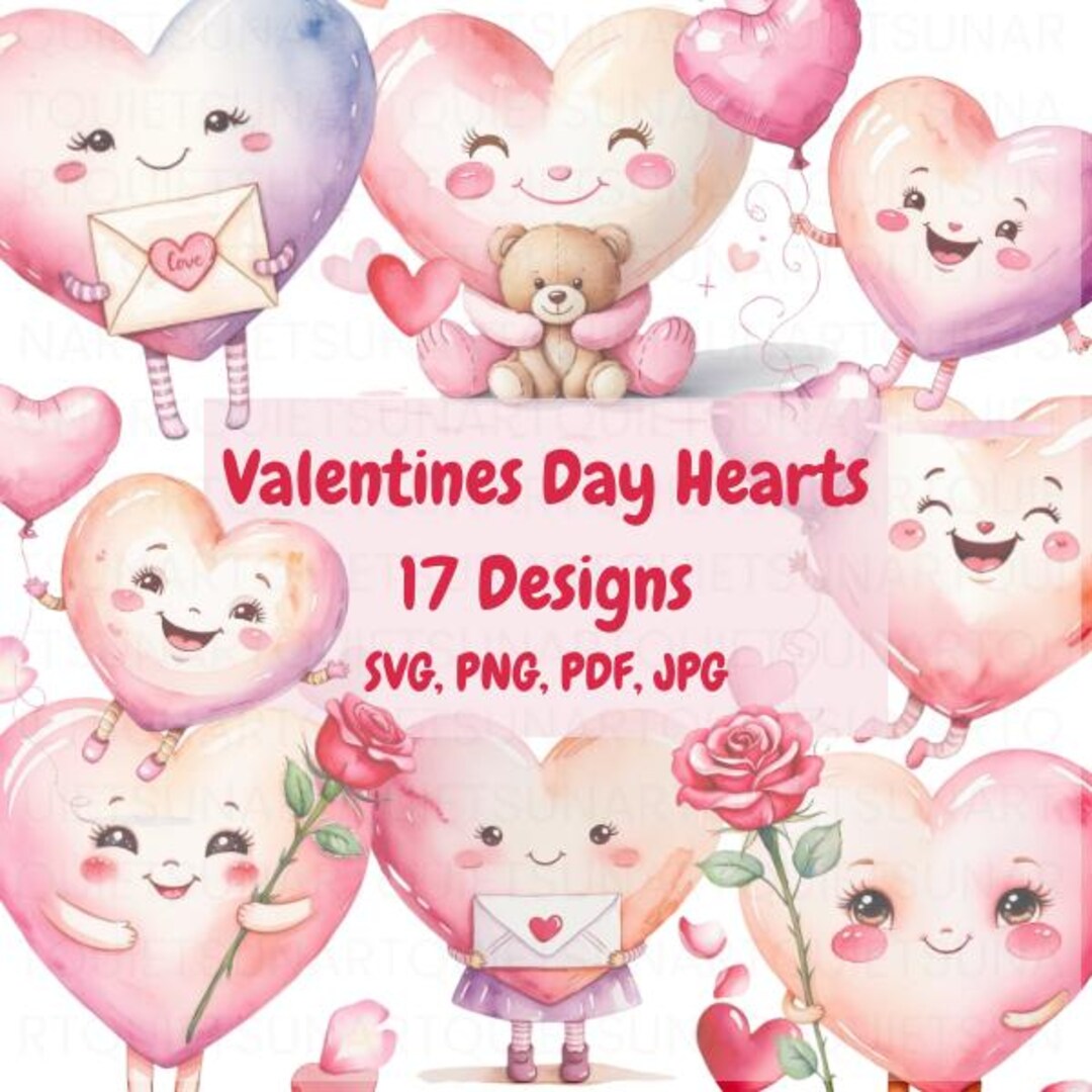 17 Valentines Day Hearts Clipart Bundle - Cute Watercolor Hearts PNG ...