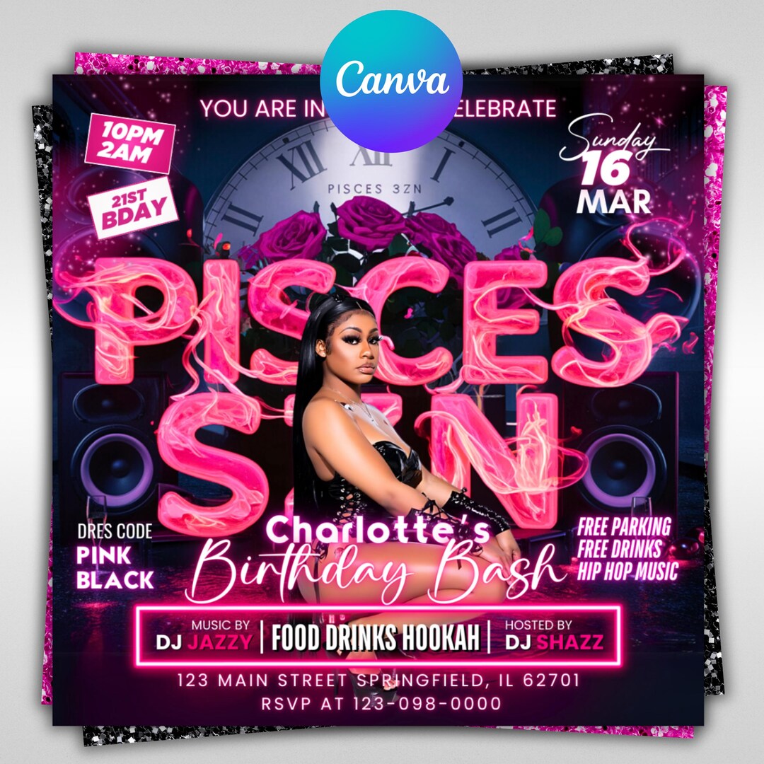 Pisces Birthday Flyer, Pisces Bash Flyer, Birthday Flyer, Birthday Girl ...