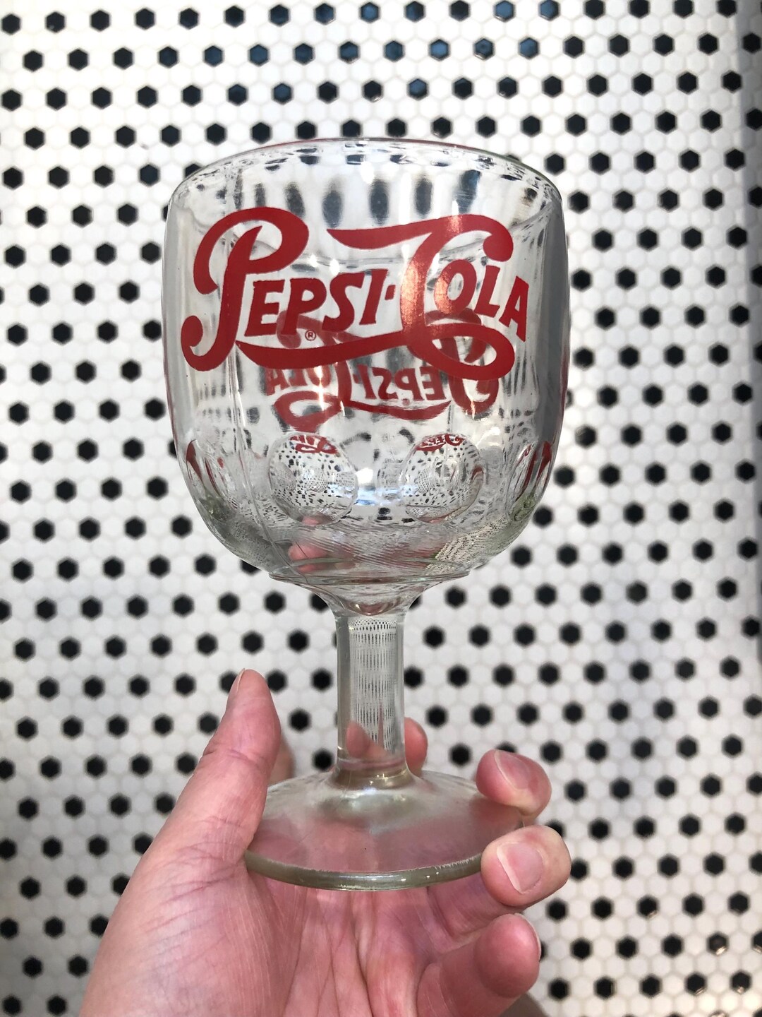 Vintage Red Logo Pepsi Cola Footed Glass Thumprint Globet | Large Retro ...