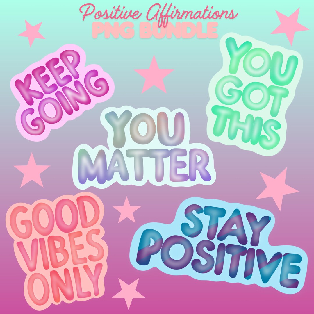 Positive Affirmations Digital Sticker Bundle Png Cute Bubble Lettering ...