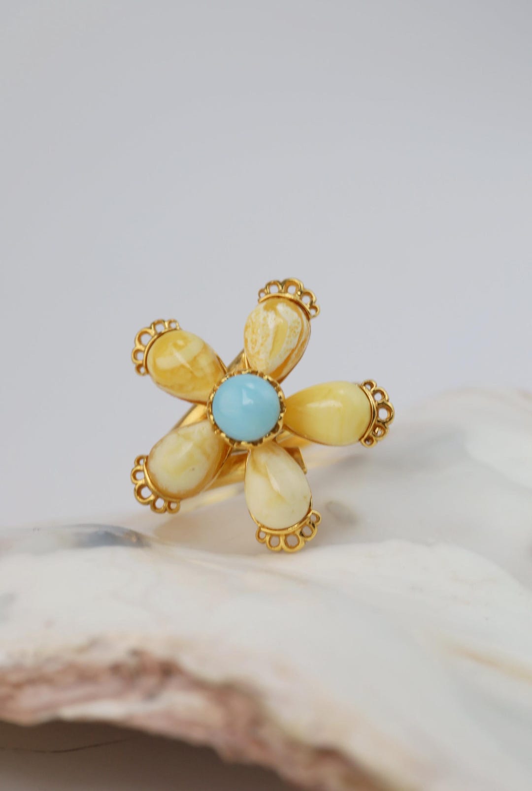 Royal White |butterscotch Amber Flower Shape Ring With Larimar in Gold ...