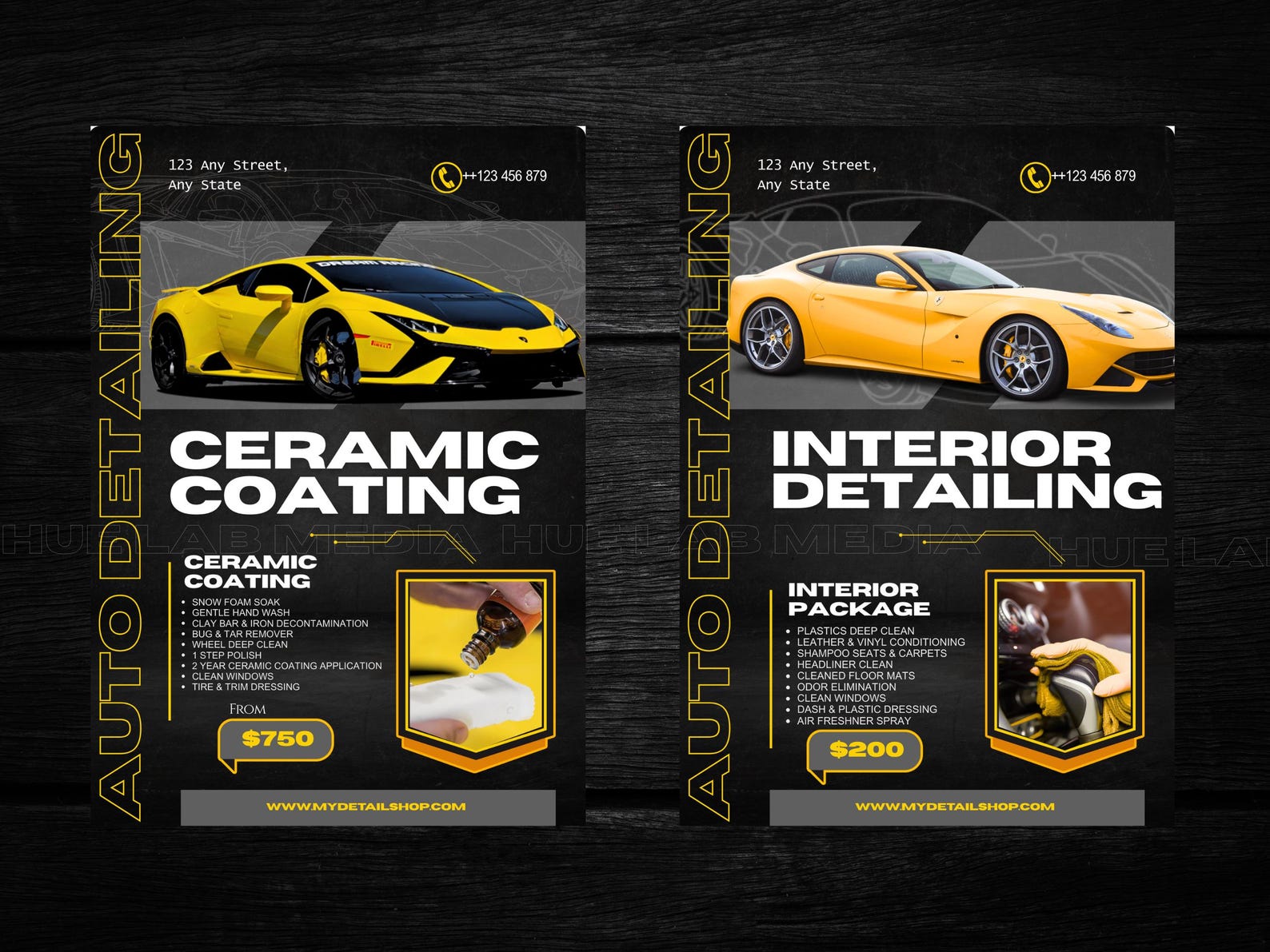 Set of 5 Car Wash & Car Mobile Detailing Black and Yellow Canva Flyer ...