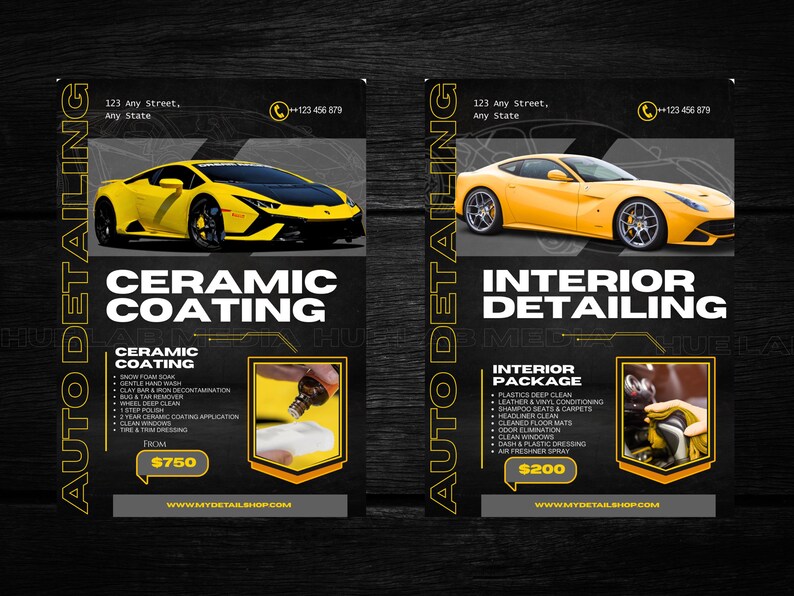 Set of 5 Car Wash & Car Mobile Detailing Black and Yellow Canva Flyer ...