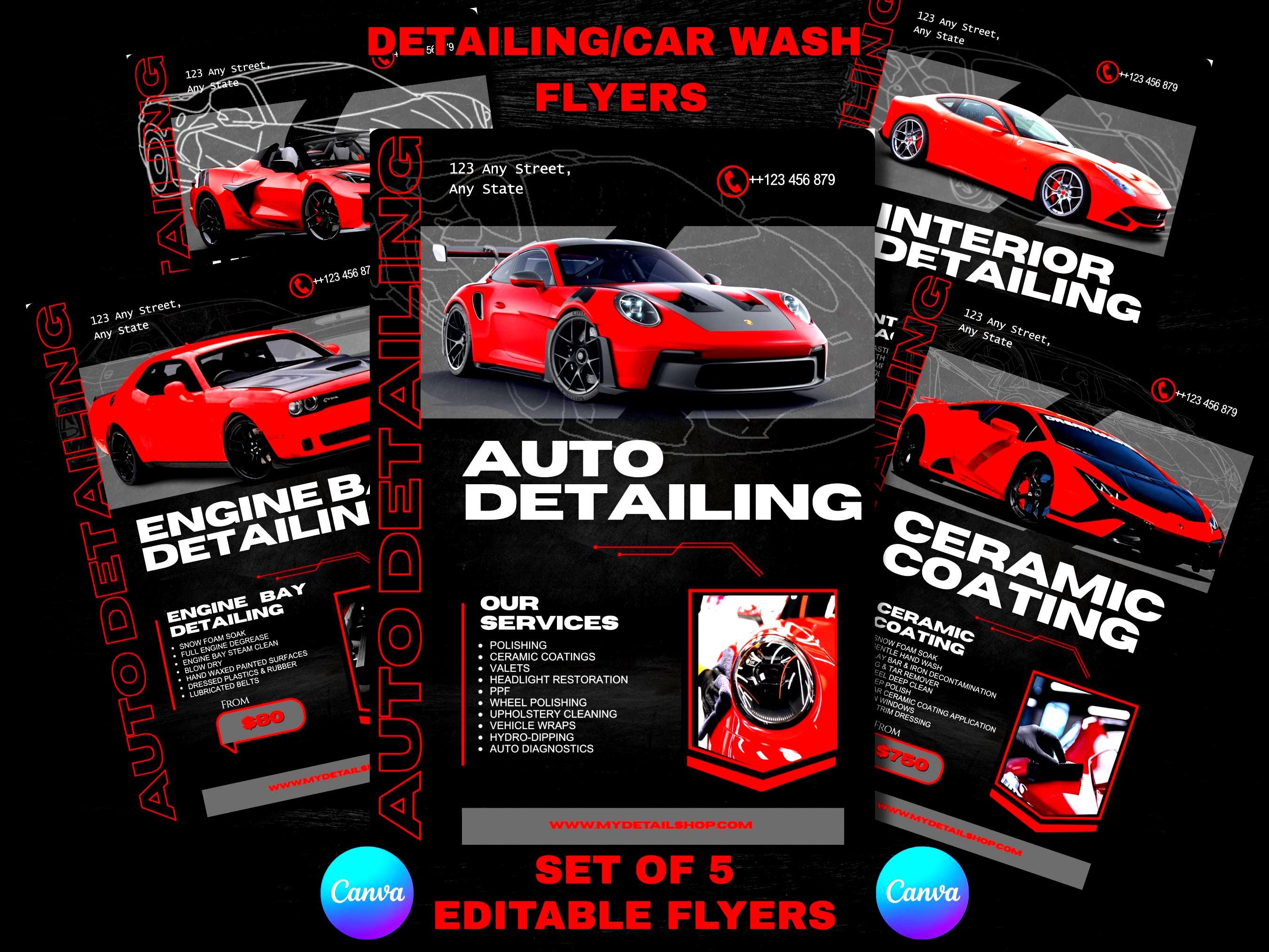 Set of 5 Car Wash & Detailing Canva Flyer Template, Black and Red Car ...
