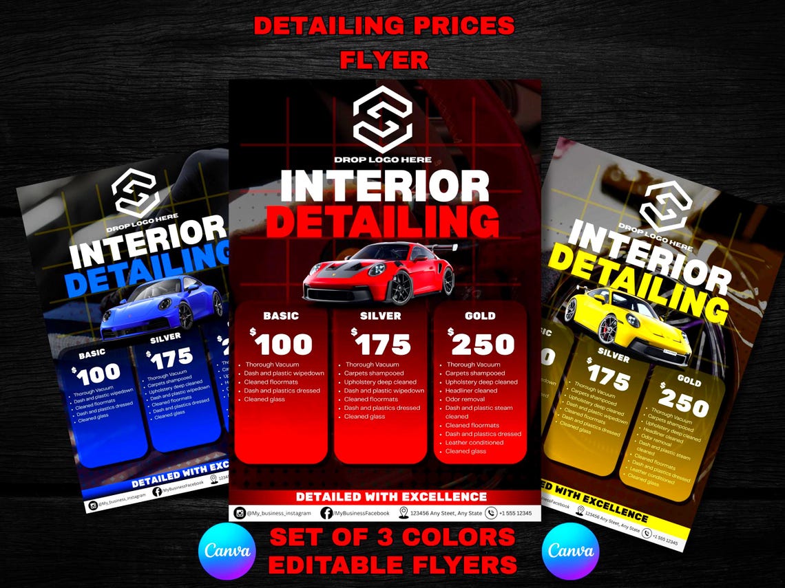 Car Detailing Flyer Pricelist Set of 3, Luxury Detail Shop Car Wash ...