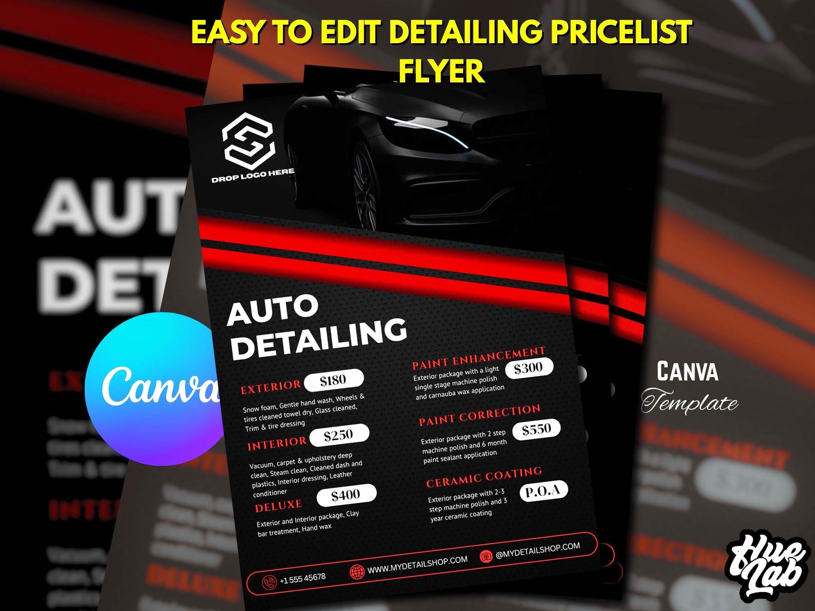 Car Detailing Pricelist Flyer Canva Template in Red and Black, Luxury ...