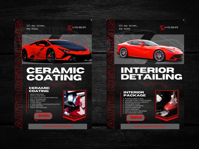 Set of 5 Car Wash & Detailing Canva Flyer Template, Black and Red Car ...