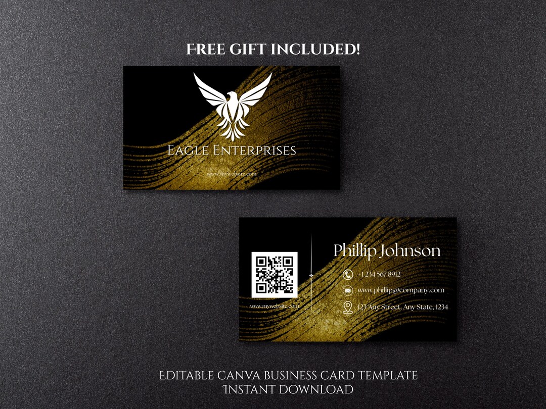 Premium Black & Gold Business Card Template Editable in Canva ...