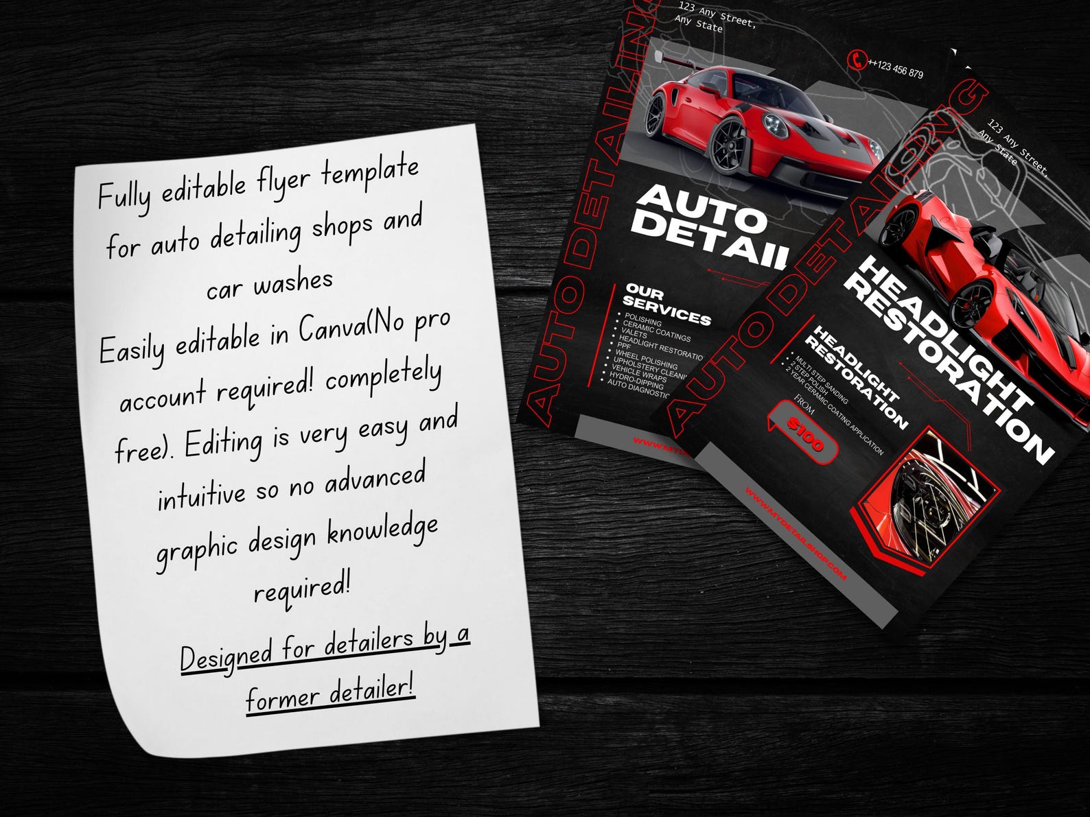 Set of 5 Car Wash & Detailing Canva Flyer Template, Black and Red Car ...