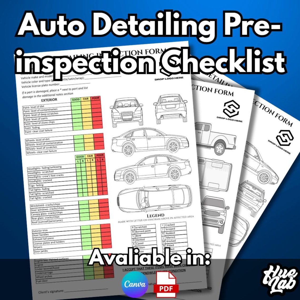 Set of 3 Car Detailing Inspection Checklist Canva Template Form for Car ...
