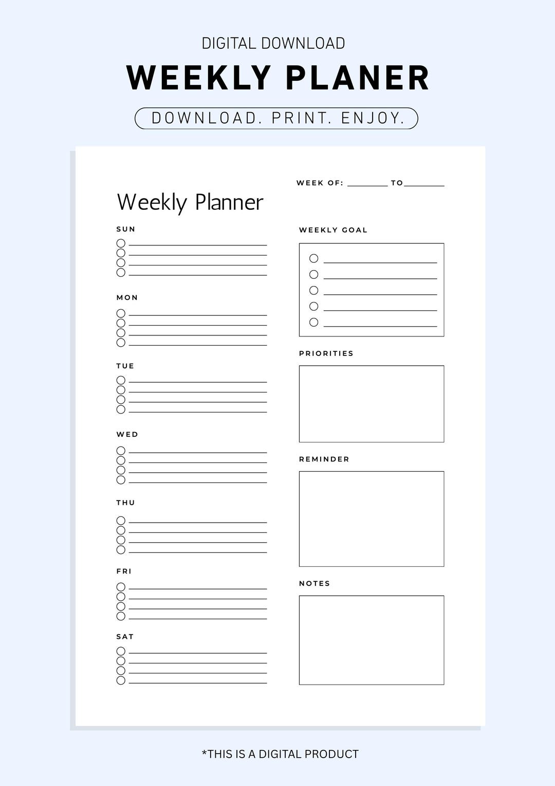 Minimalist Weekly Planner Printable, Printable Weekly Planner Template ...