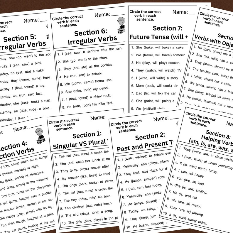 Printable Verb Worksheets, Choose the Correct Verb, Singular Plural ...