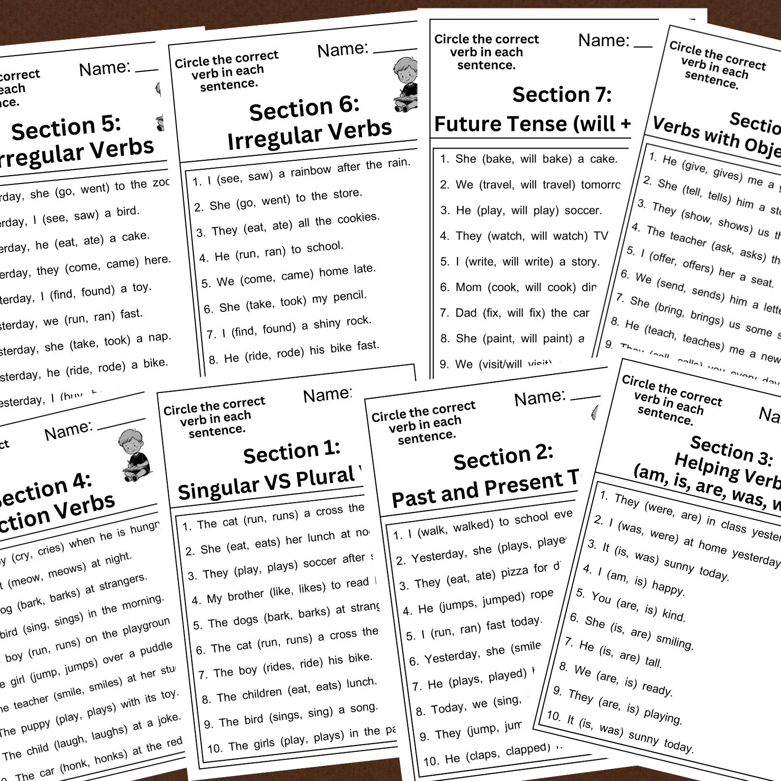 Printable Verb Worksheets, Choose the Correct Verb, Singular Plural ...