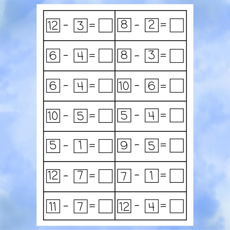 Subtraction Worksheet 1-12, Math Practice Printable for Kids, Easy ...