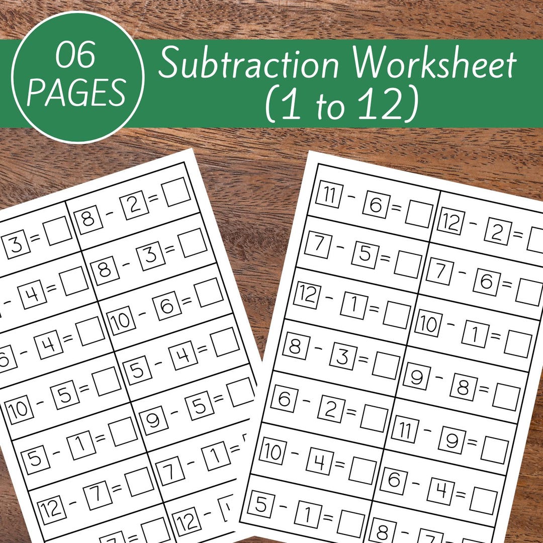 Subtraction Worksheet 1-12, Math Practice Printable for Kids, Easy ...