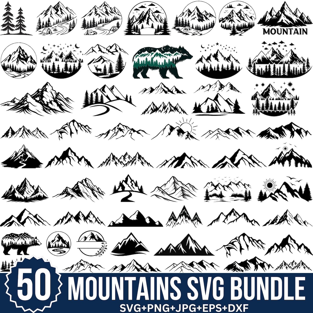 Mountains Svg Bundle, Hand Drawn Mountain Landscape Svg, Forest Trees ...