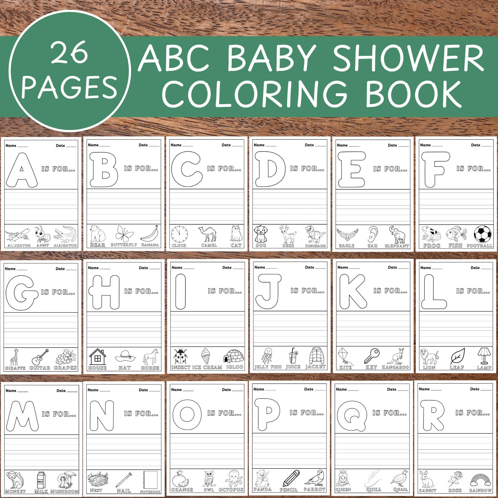 ABC Baby Shower Coloring Book, Baby’s First ABC Book, ABC Coloring Book ...
