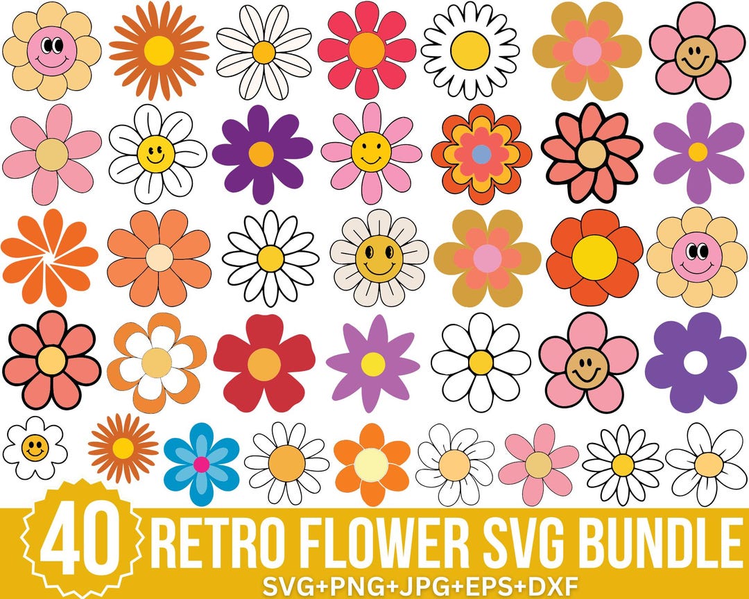 Retro Flowers Svg Bundle, Flower Svg, Daisy Flower Svg, Boho Flower Svg ...
