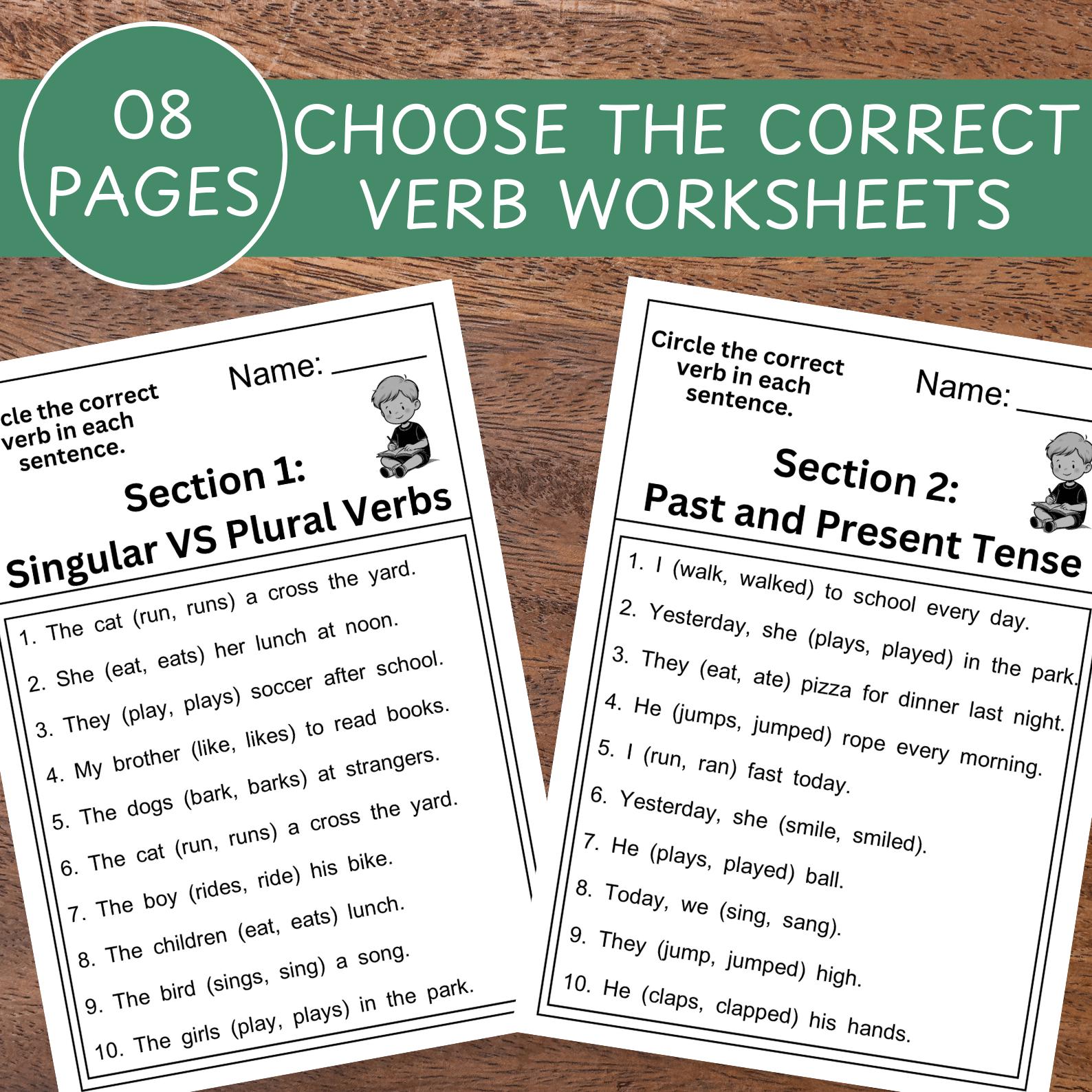 Printable Verb Worksheets, Choose the Correct Verb, Singular Plural ...