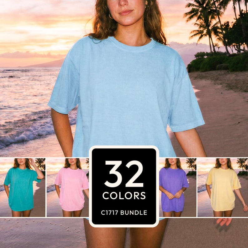 Comfort Colors C1717 Beach Mockup Bundle: 32 Colors Summer Female Model ...