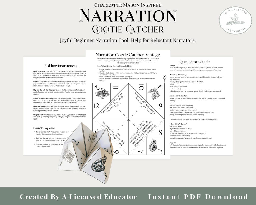Charlotte Mason Narration Cootie Catcher | Gentle Narration Prompts ...