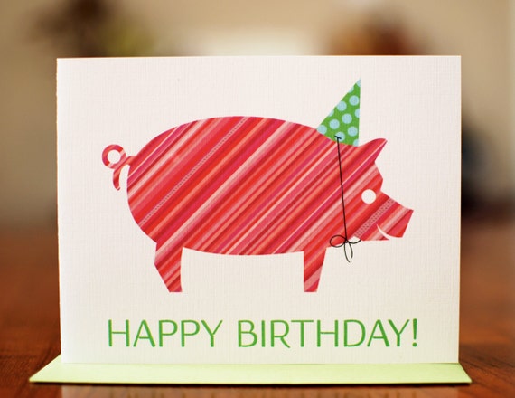 Striped Pig in Party Hat Colorful Modern Birthday Card on | Etsy