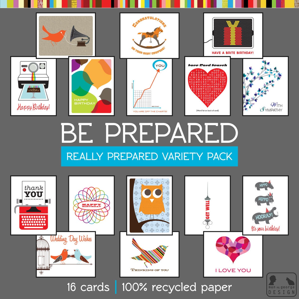 Be Really Prepared 16 Greeting Card Variety Pack 100% Recycled Paper - Etsy