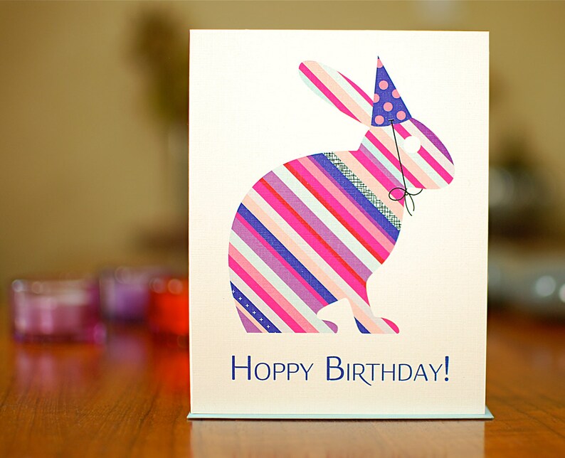 Hoppy Birthday - Striped Rabbit in Party Hat Birthday Card on 100% ...