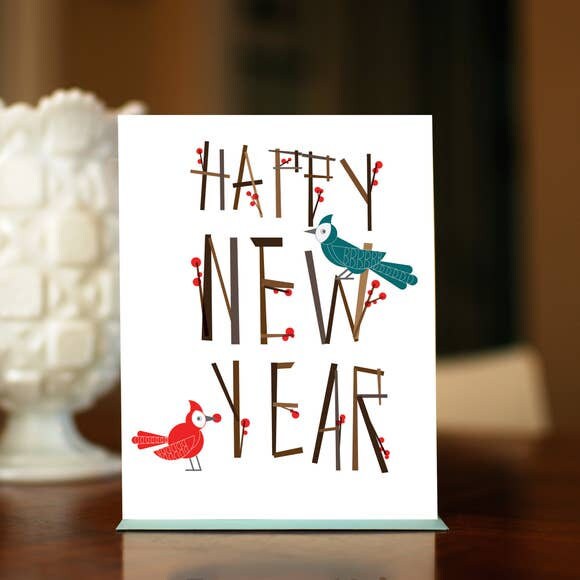 Berry Happy New Year Cards With Birds and Branches Set of 8 - Etsy