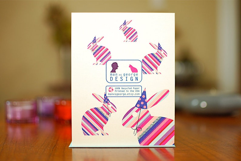 Hoppy Birthday - Striped Rabbit in Party Hat Birthday Card on 100% ...