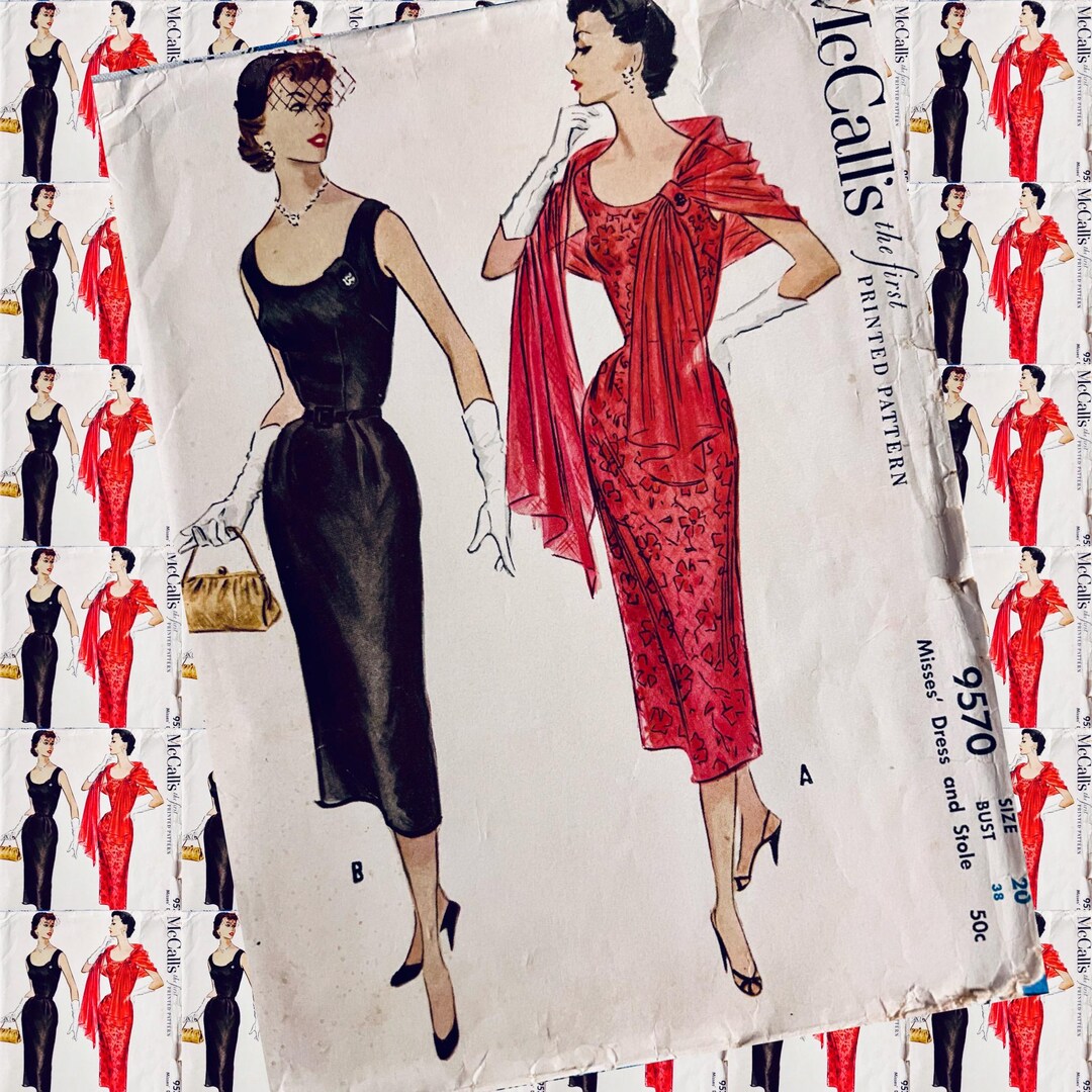 1950s Vintage Mccalls 9570 Glamour Girl Wiggle Dress Neckline Tab Trim ...
