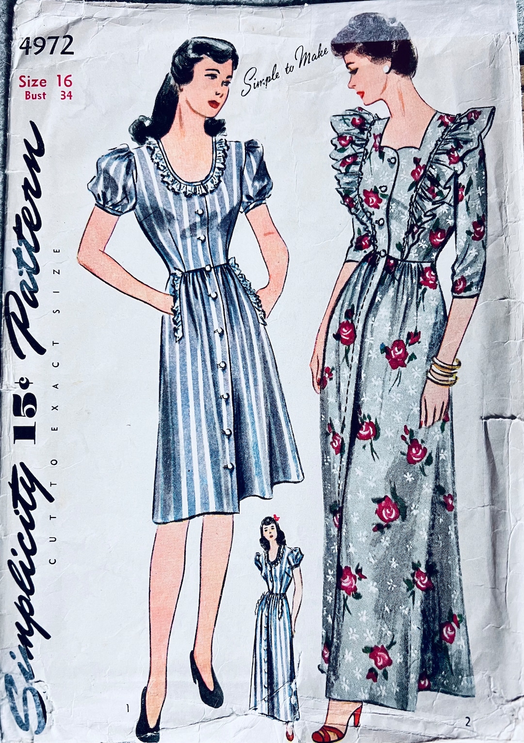 1940s Vintage Simplicity 4972 Housecoat or House Dress Sewing Pattern ...