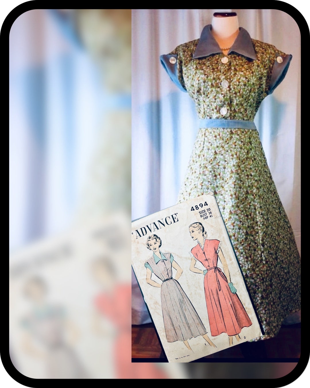 1940s Vintage ADVANCE 4894 Dress With Button Front Opening Kimono ...
