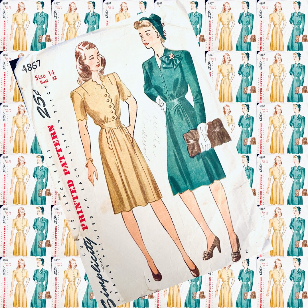 1940s Vintage Simplicity 4867 Dress With Scallop Trim Corset Belt ...