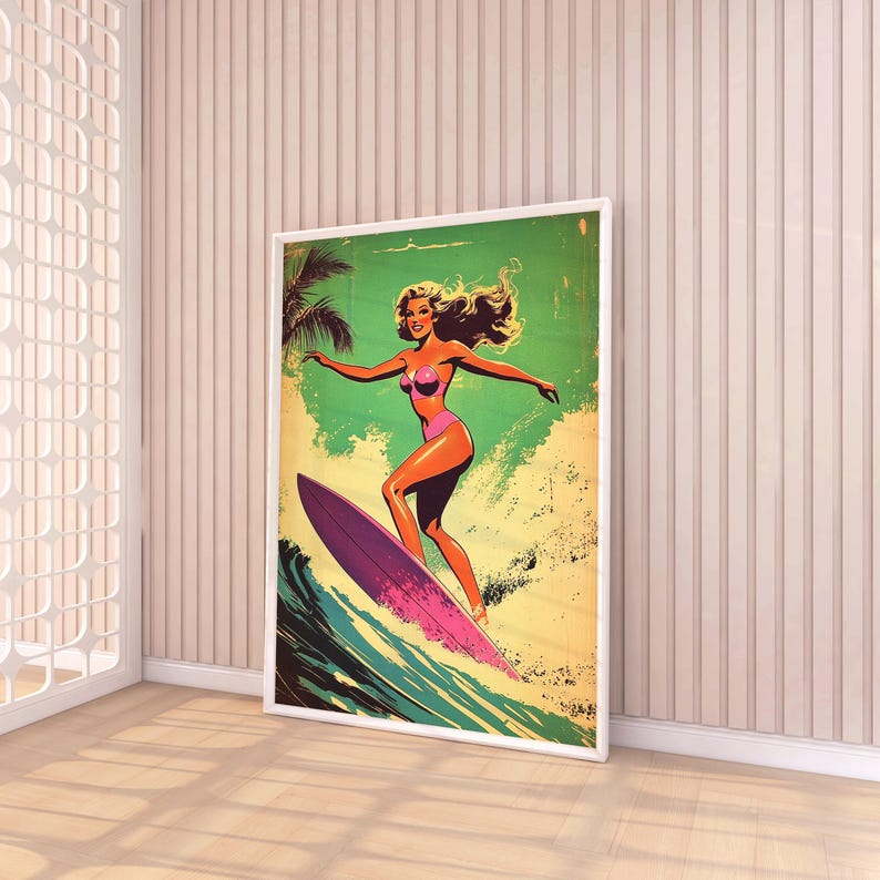 Vintage Surf Girl Art Print 70s Retro Beach Poster Digital Download
