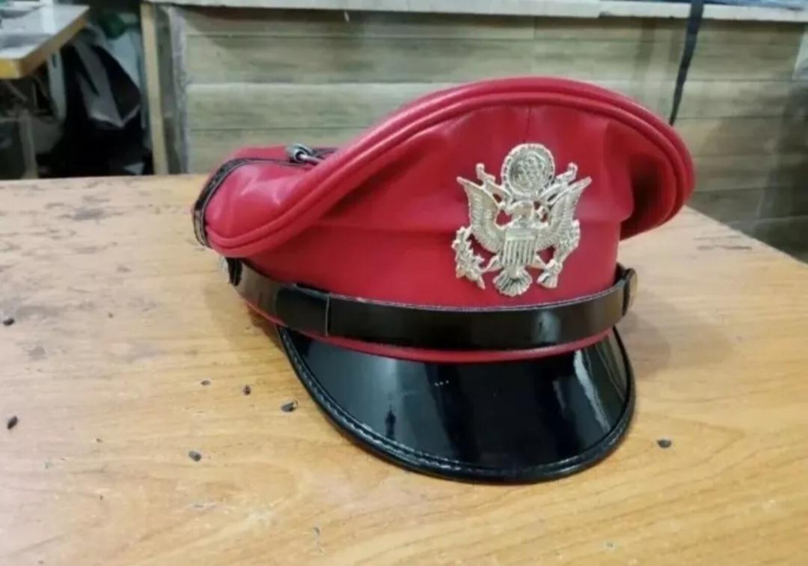 Genuine Real Leather Red Army Muir Biker Peaked Police Gay Bluf Cap Hat ...