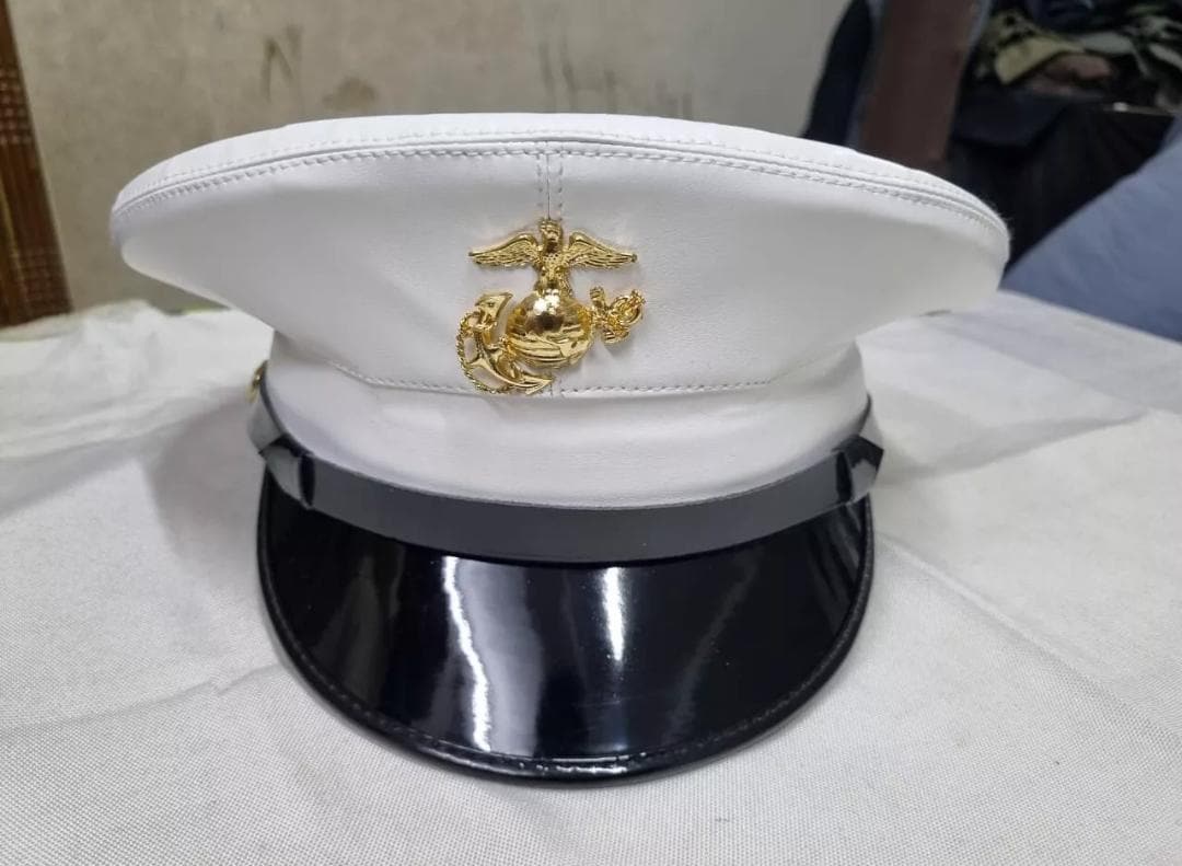 USMC Marine Corps Dress Blue Enlisted Vinyl Service White Dress Cap Hat ...
